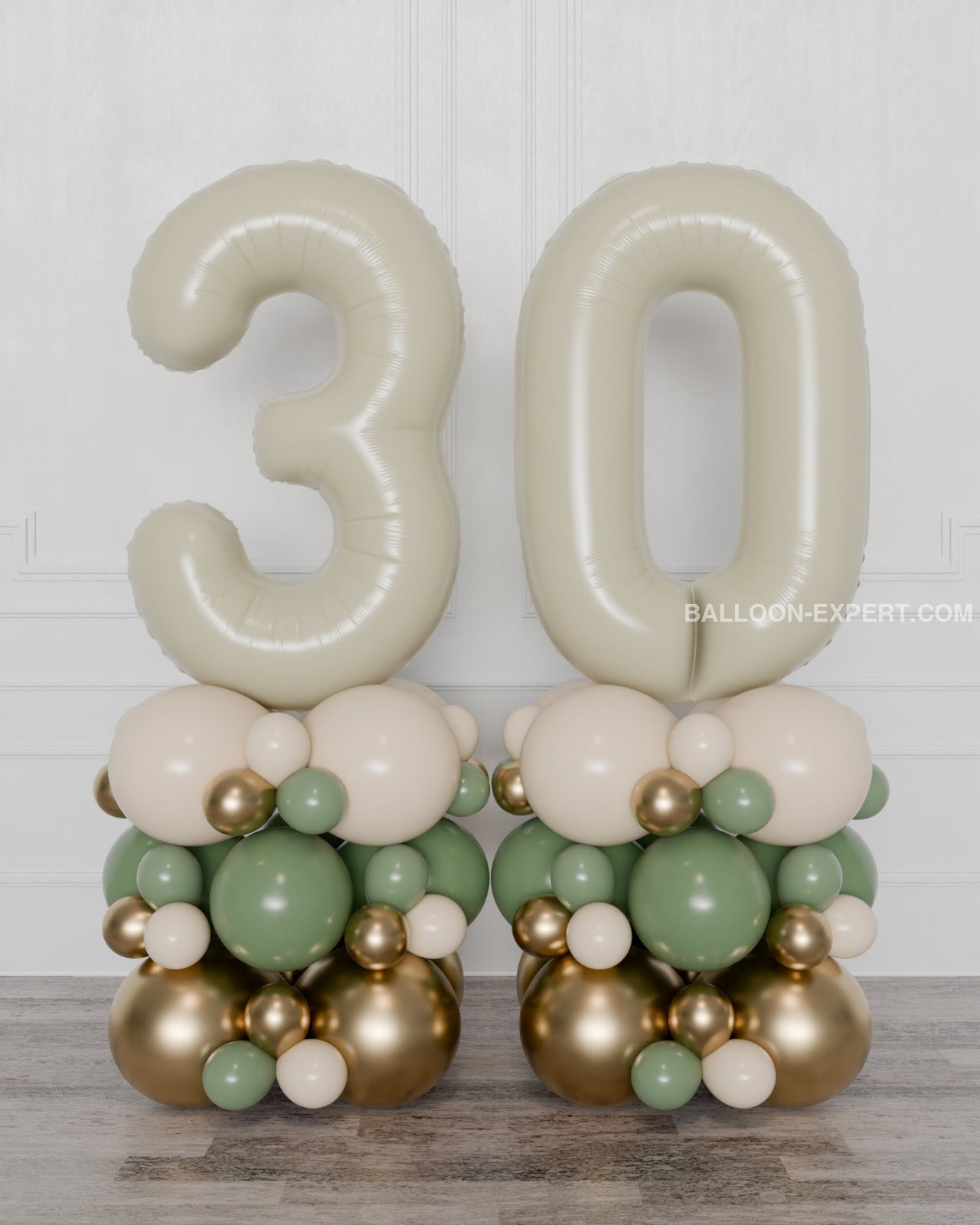 Sage Green, Ivory, and Gold Double Number Balloon Columns – Balloon Expert