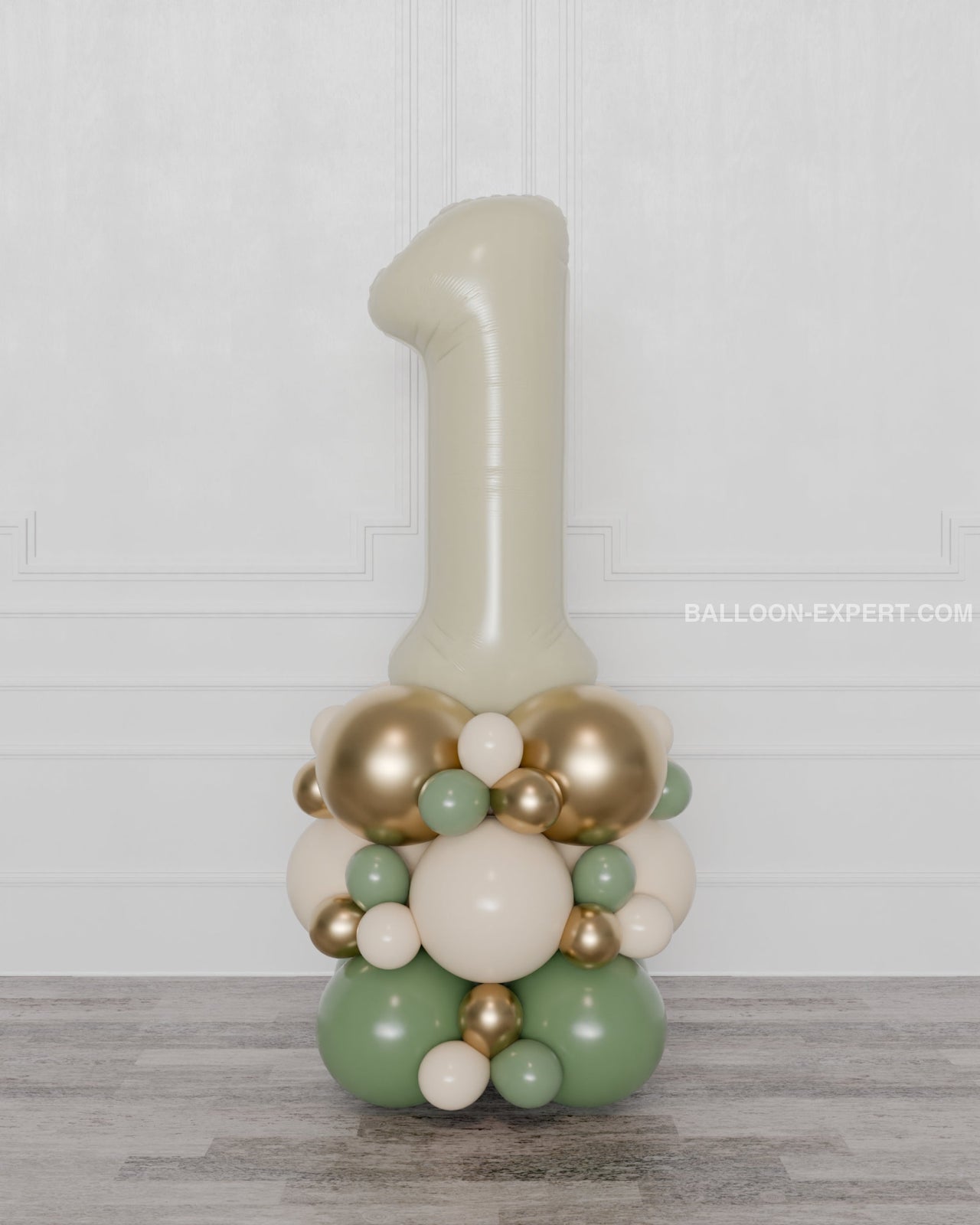 Sage Green, Ivory, and Gold Number Balloon Column | Balloon Expert