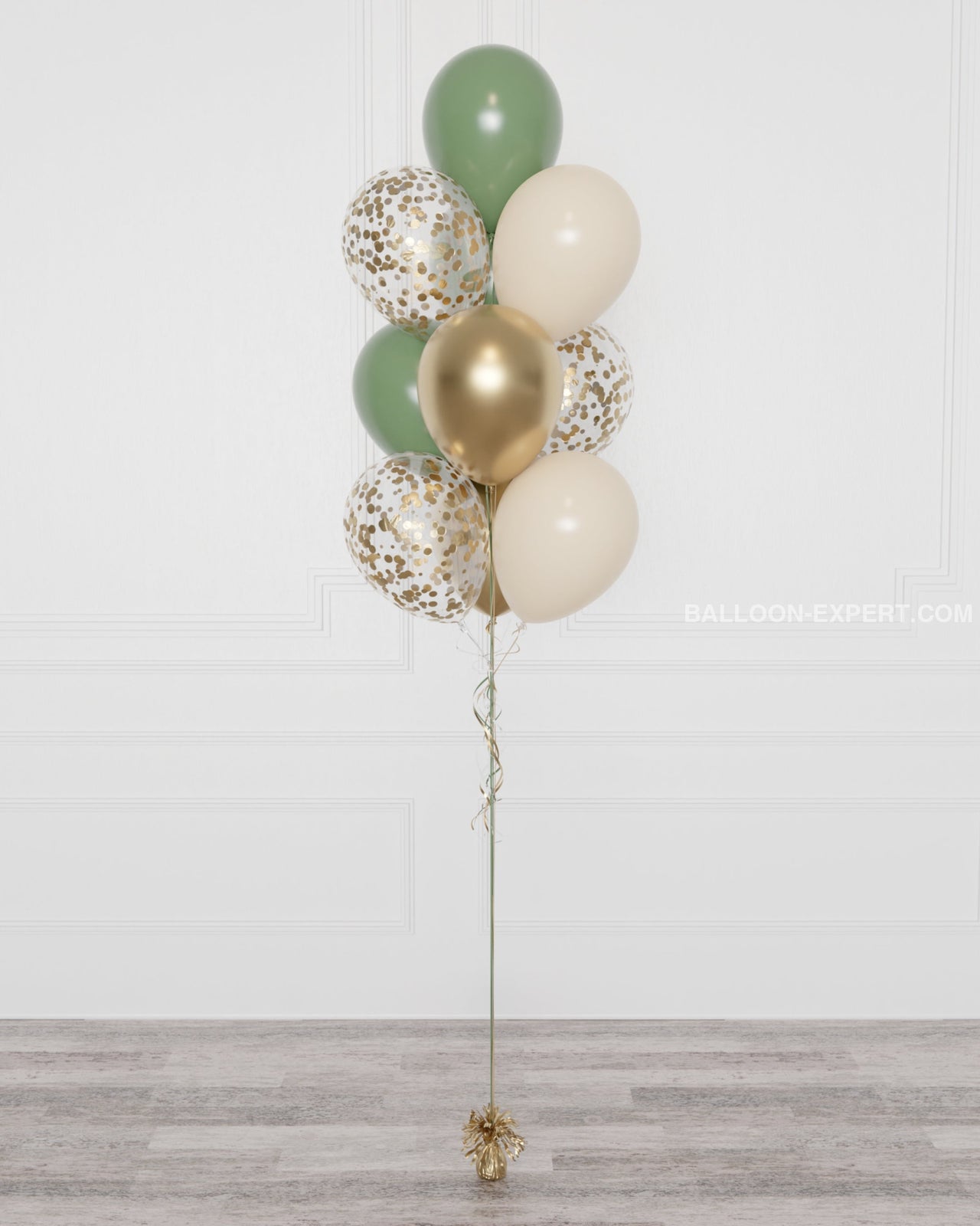 Sage Green, Ivory, and Gold Confetti Balloon Bouquet - Balloon Expert