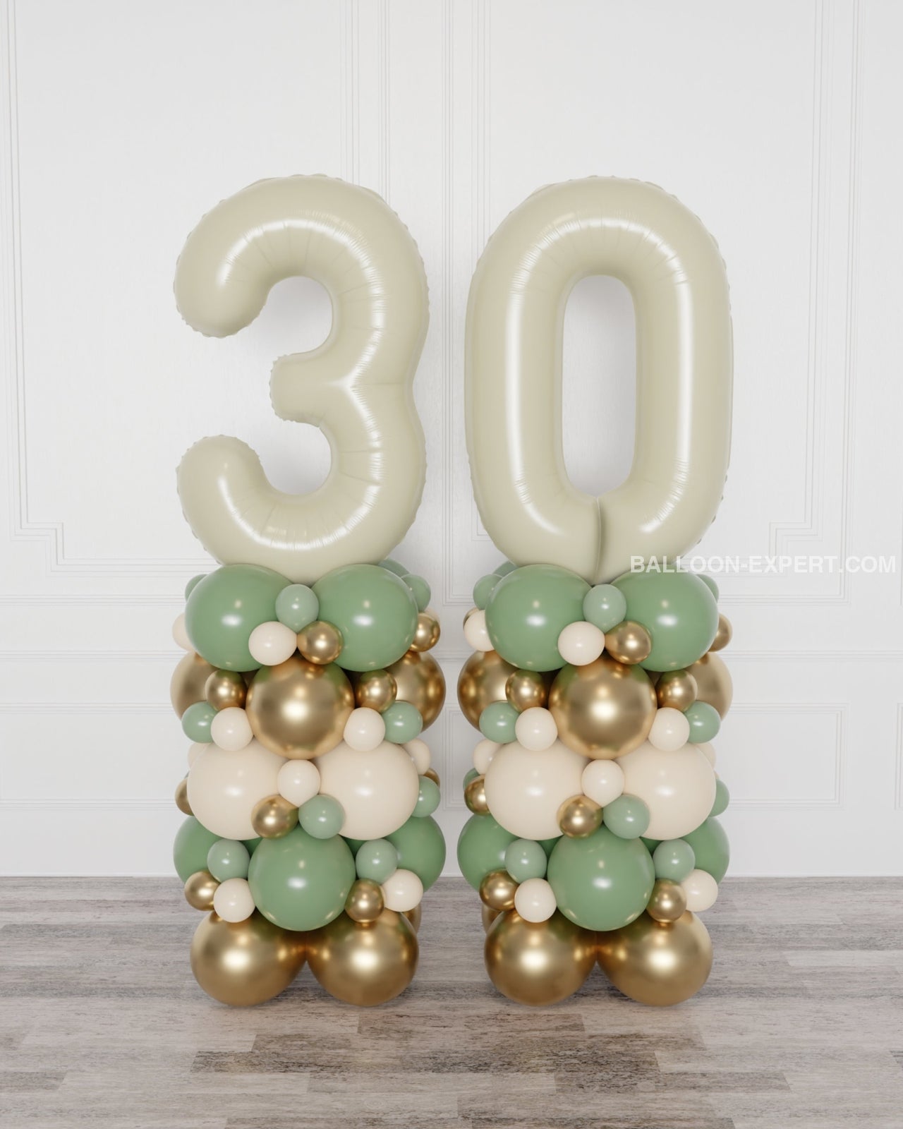 Sage Green, Ivory, and Gold Double Number Balloon Columns – Balloon Expert